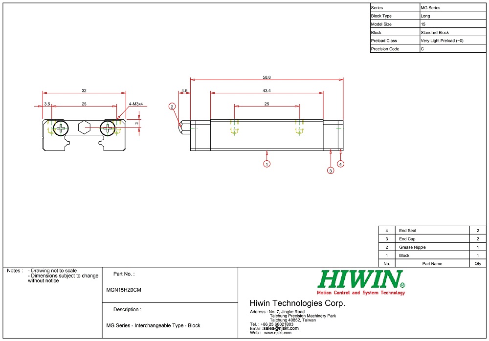 Original HIWIN 15mm Linear Guide Bearing MGN15H- NJSKT